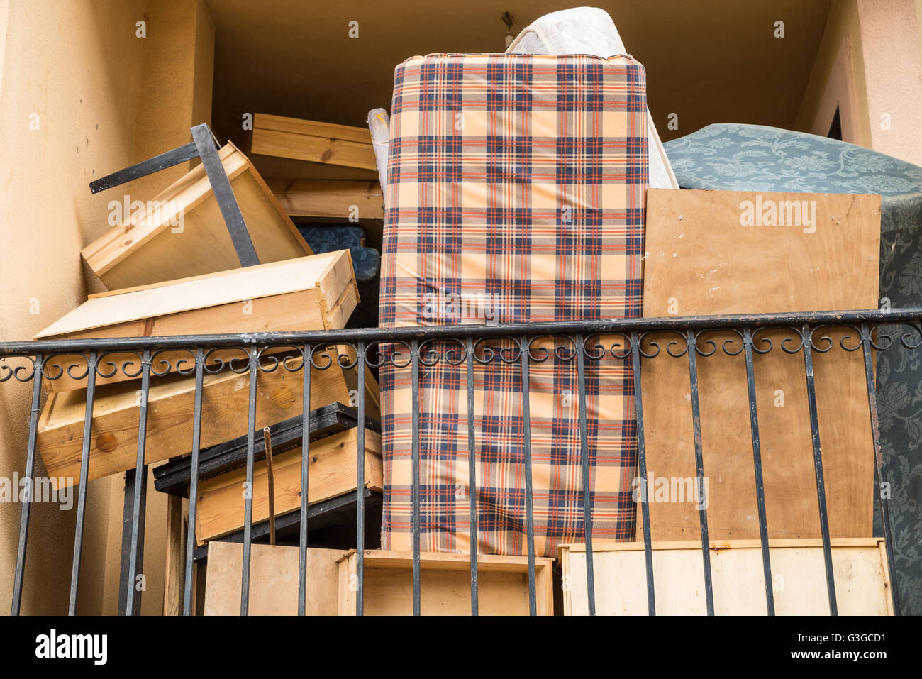 The whole mess that goes with a removal piled up on a terrace Stock ...