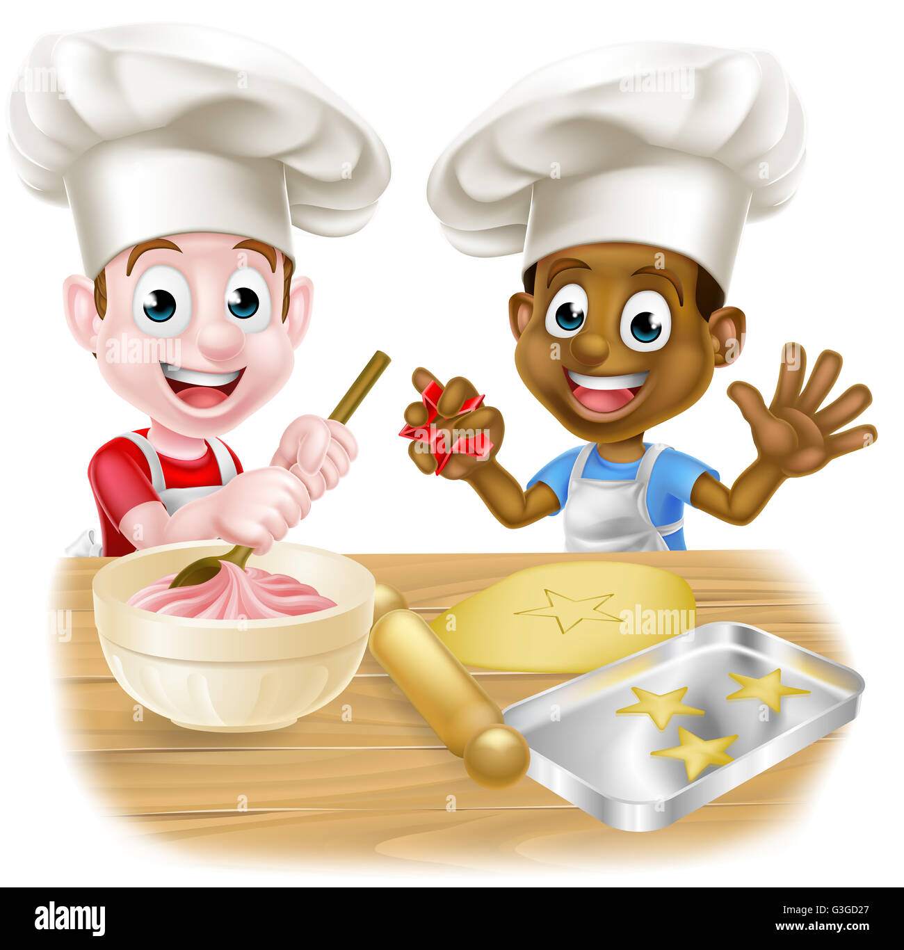 Cartoon boys, one black one white, dressed as chefs or bakers baking ...