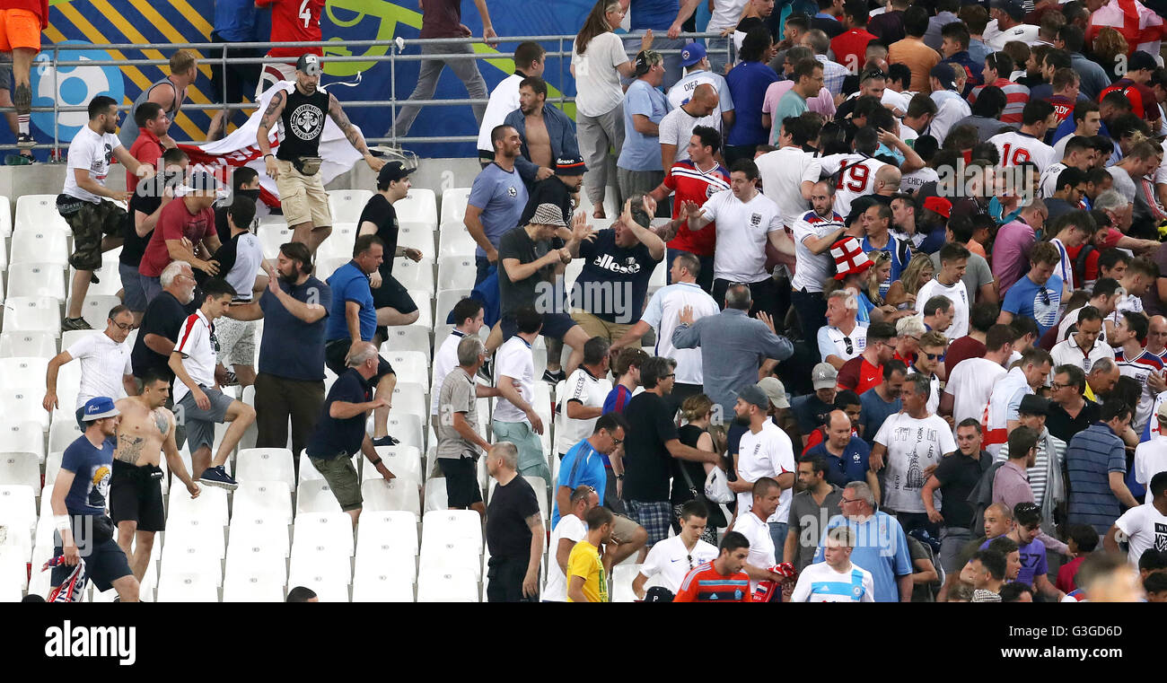 Tempers flare between rival fans in the stands during the UEFA Euro ... Tempers flare between rival fans in the stands during the UEFA Euro ...