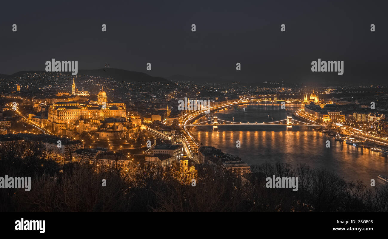 Panoramic View of Budapest with Street Lights and the Danube River at ...