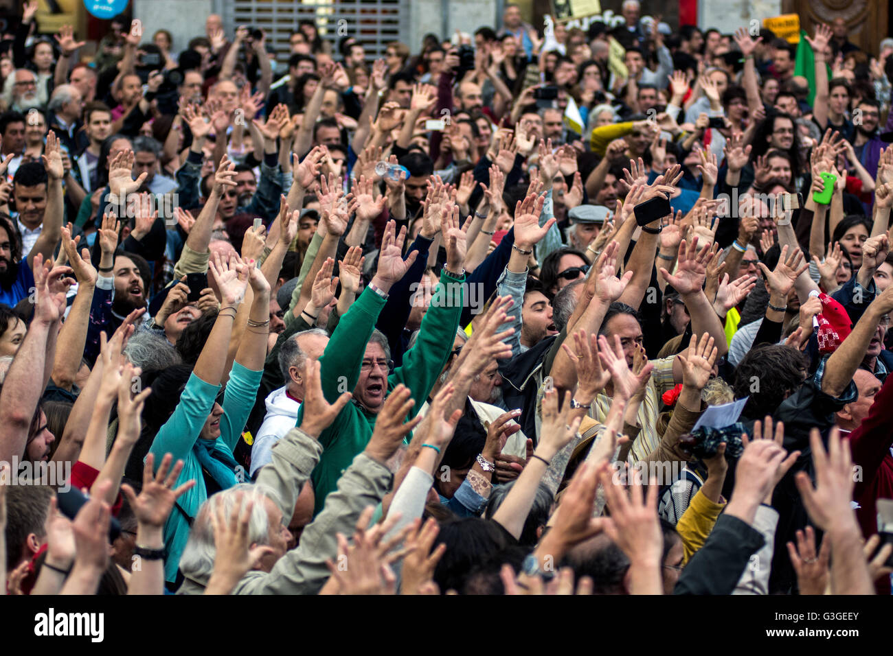 People protesting during a demonstration. Hundreds of people ...