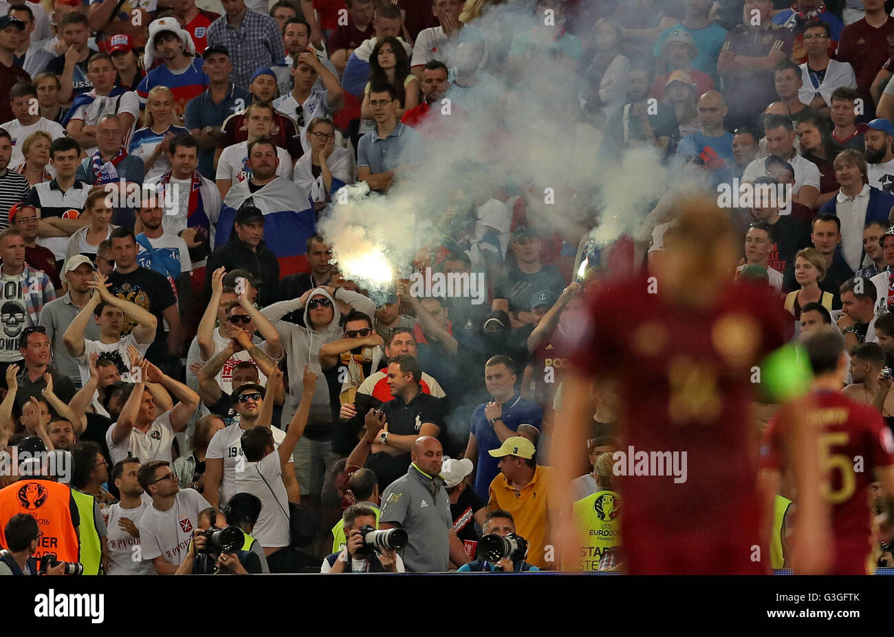 Russia fans let off flares during the UEFA Euro 2016, Group B match at ...