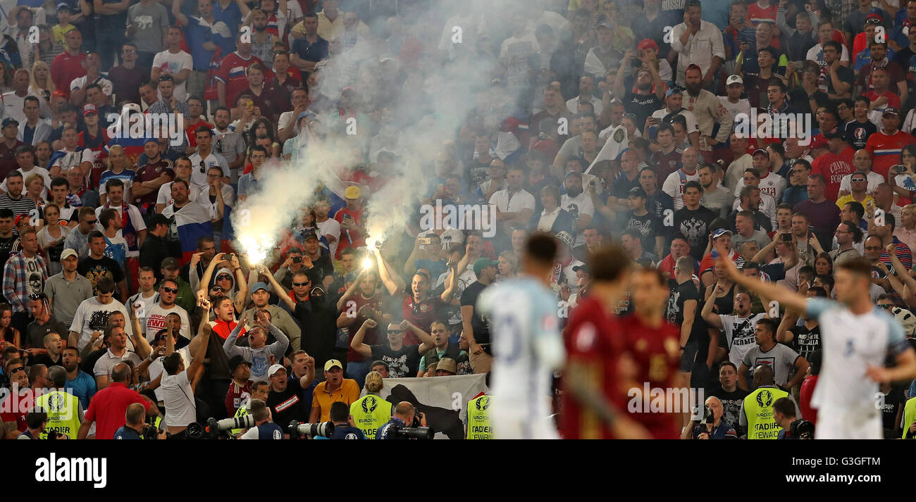 Russia fans let off flares during the UEFA Euro 2016, Group B match at ...