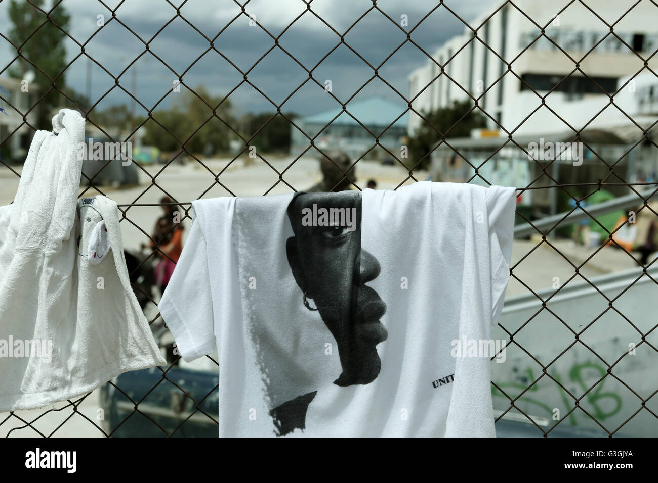 Athens, Greece. 04th May, 2016. Clothes, set by migrants to dry on a ...