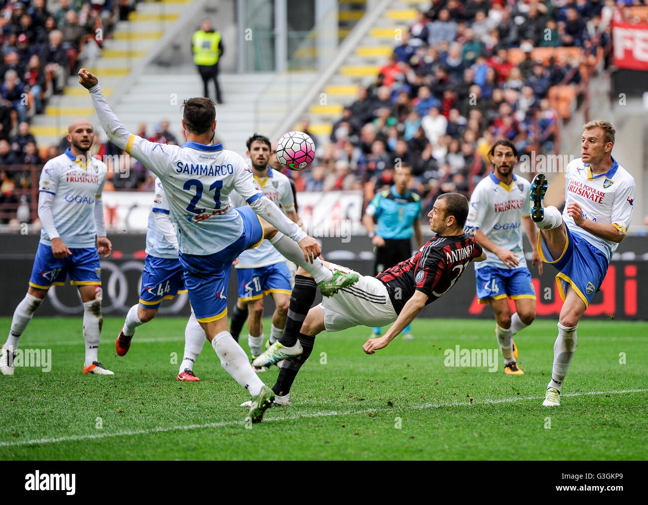 Milan, Italy. 01st May, 2016. Luca Antonelli scores during the Serie A ...
