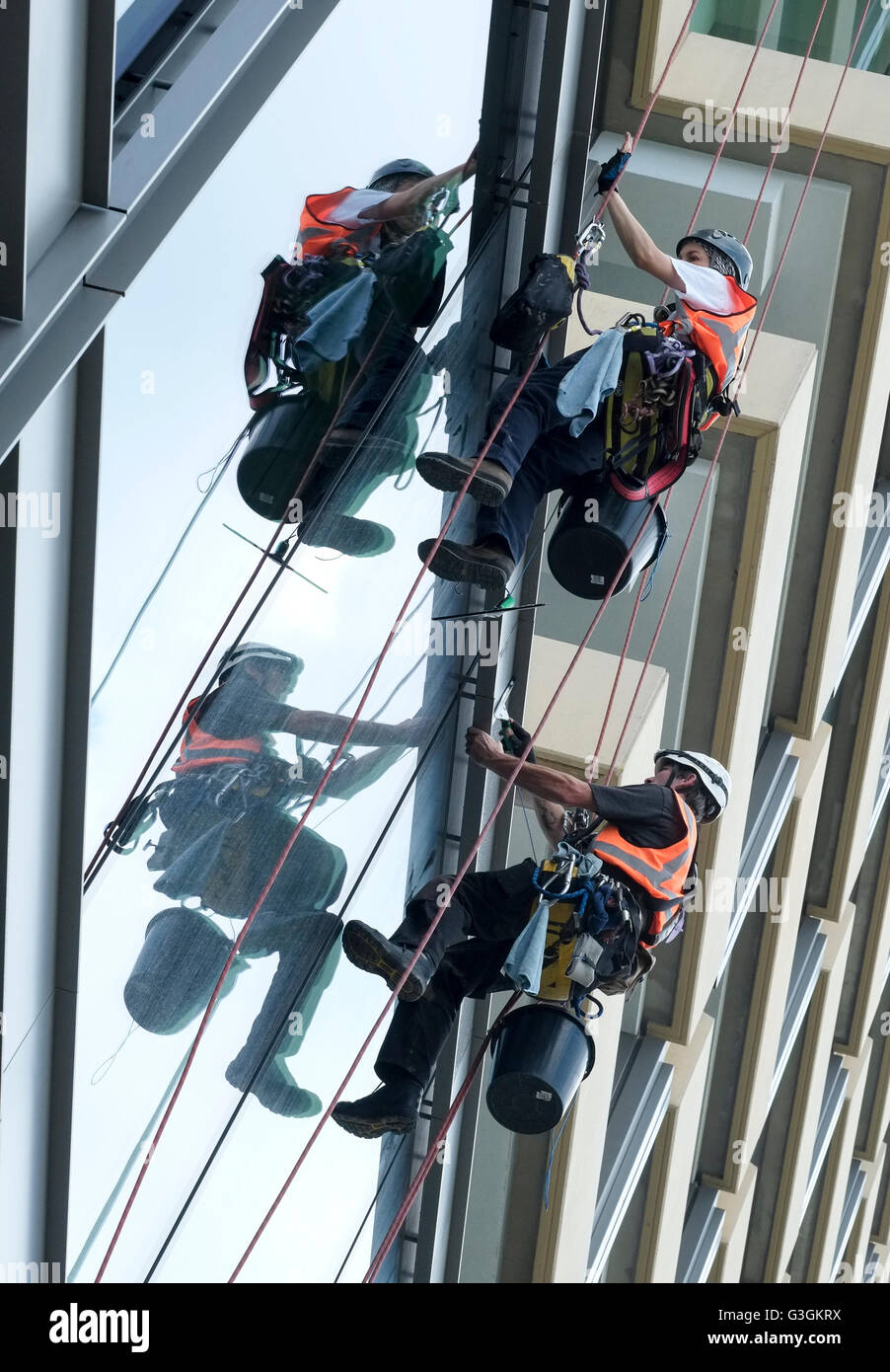 Office window cleaners suspended on the outside of a modern office ...