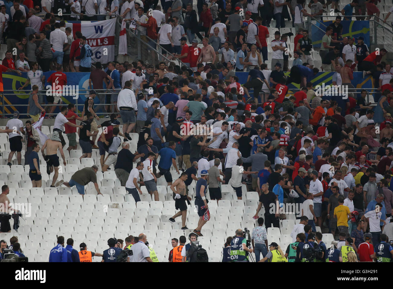 MARSEILLE- FRANCE, JUNE 2016 : clashes between Hooligans in the stands ...