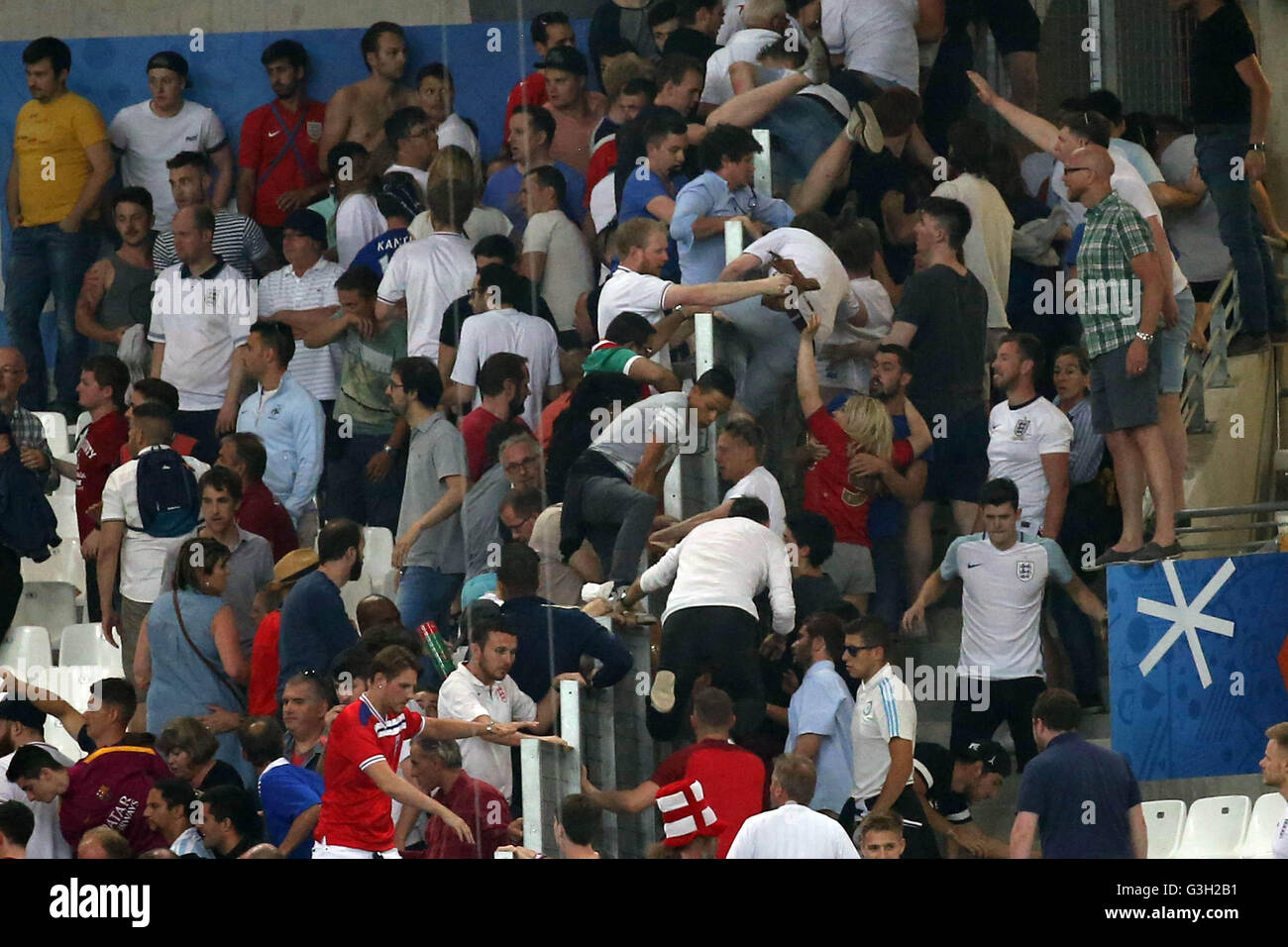 MARSEILLE- FRANCE, JUNE 2016 : clashes between Hooligans in the stands ...