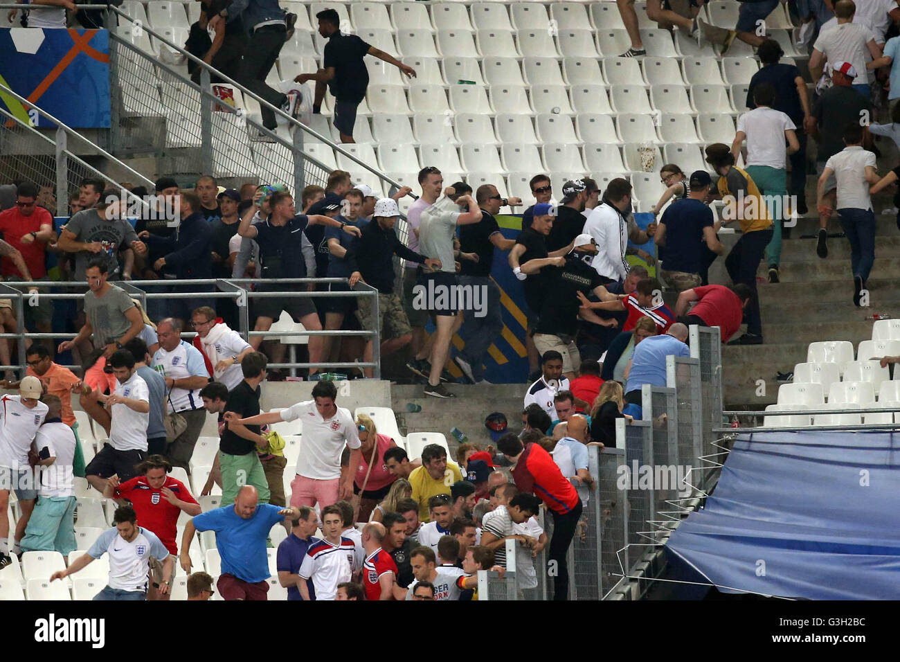 MARSEILLE- FRANCE, JUNE 2016 : clashes between Hooligans in the stands ...