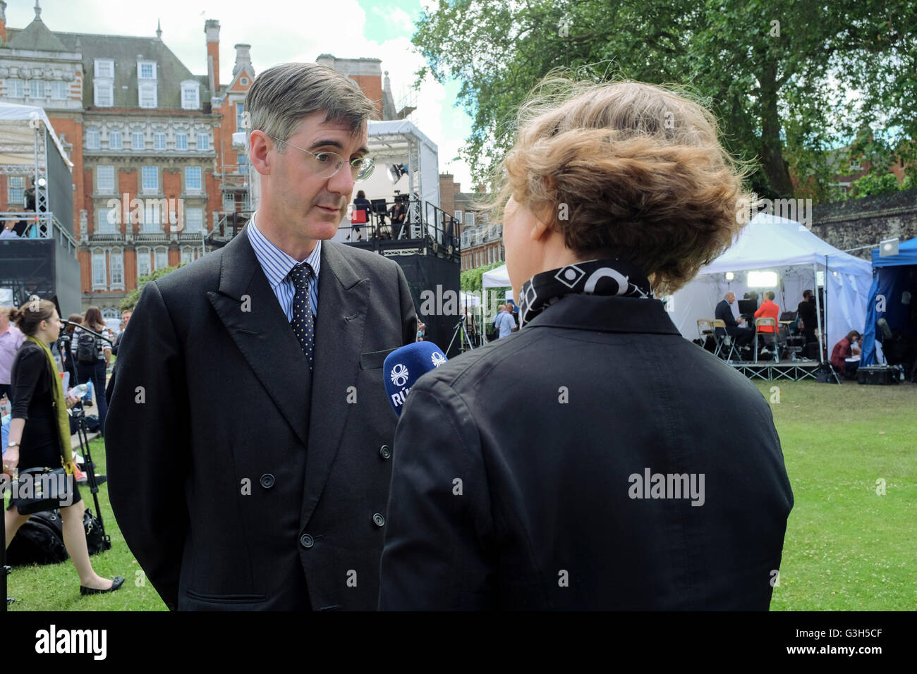Conservative MP, Jacob Rees-Mogg is interviewed by a news reporter in ...