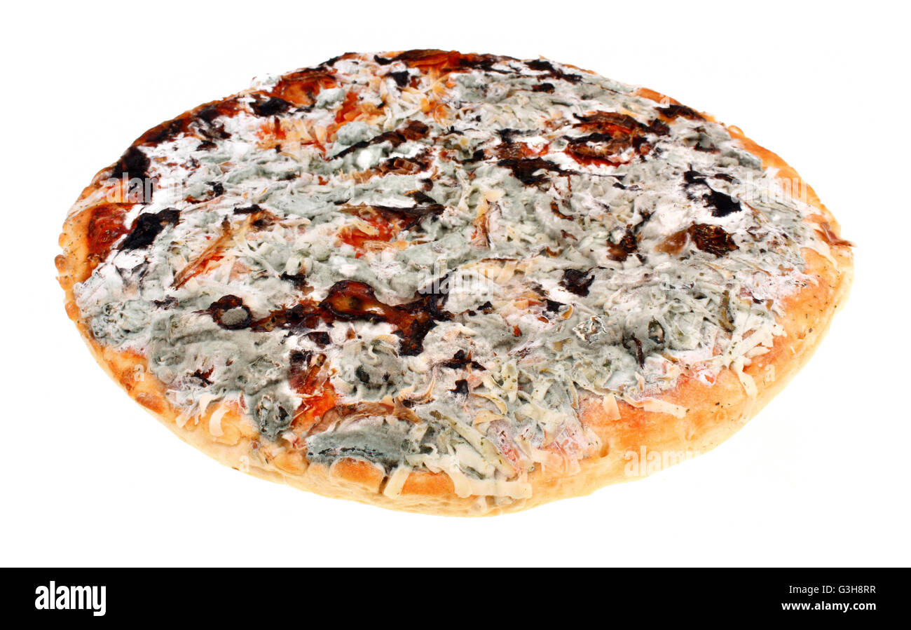 Old moldy pizza on a white background. Food poisoning Stock Photo - Alamy