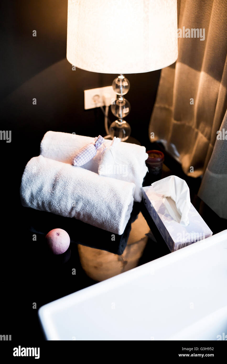 Close view of the arrangement on a night table in the hotel room Stock ...