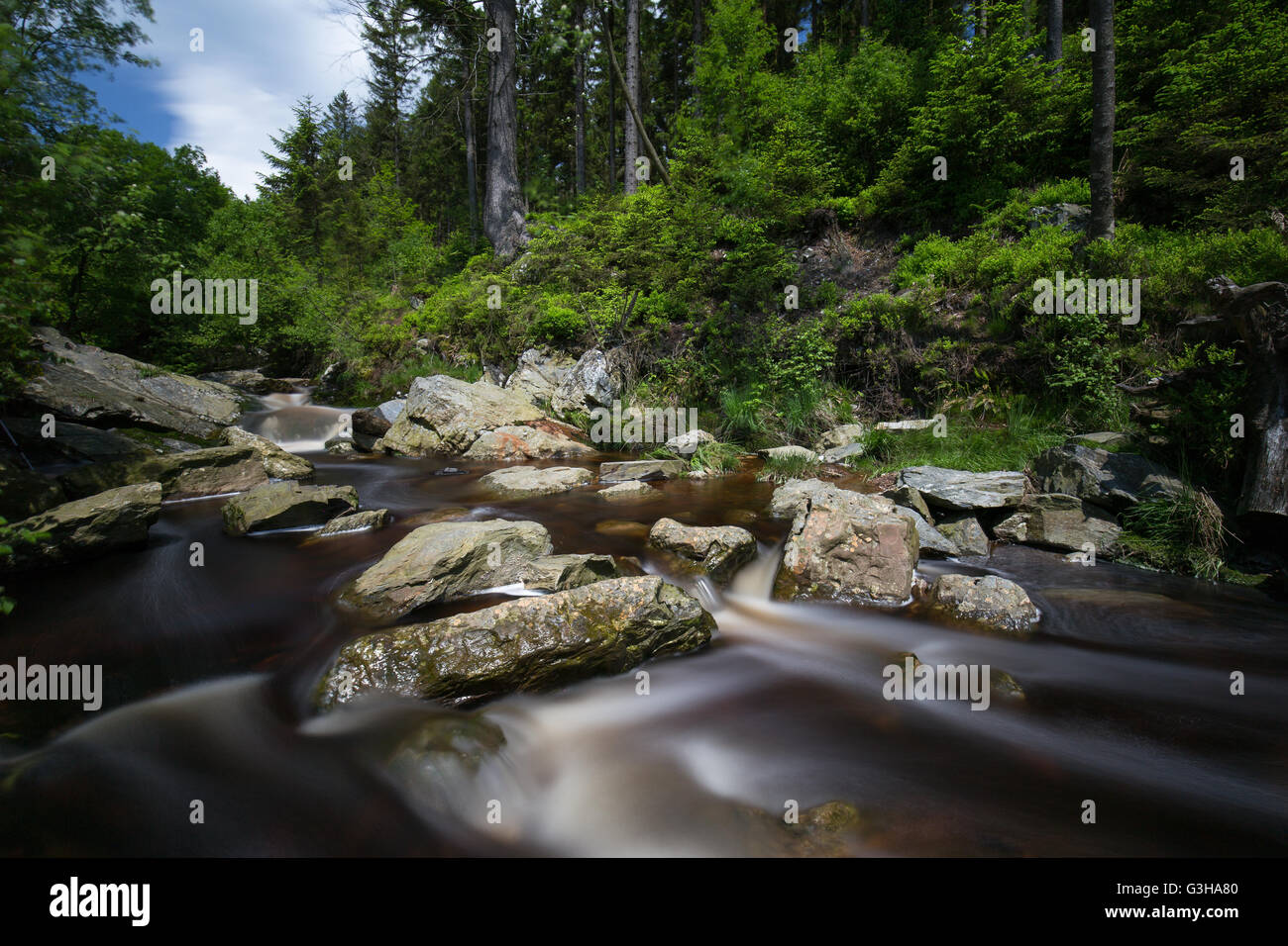 Long exposure view of a river with rocks. Nobody, landscape, forest ...