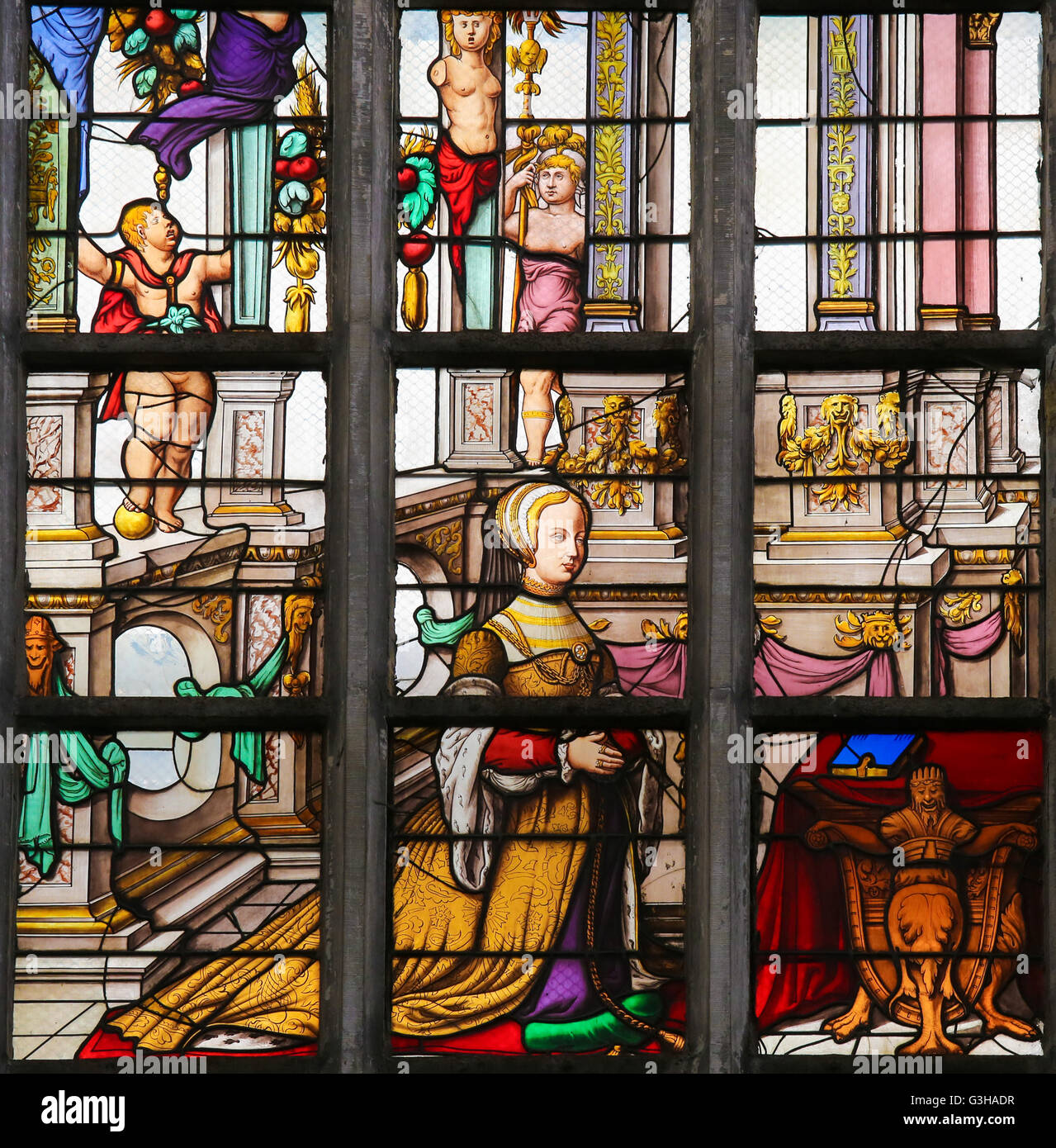 LIER, BELGIUM - MAY 16, 2015: Stained Glass window created in 1545 in ...