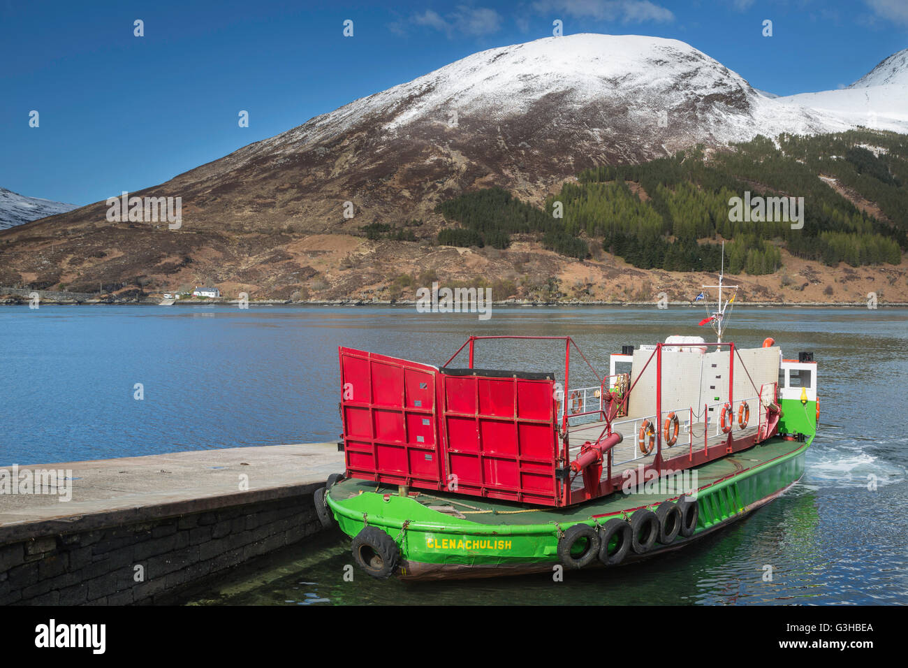 Kylerhea to Glenelg ferry preparing to moor at slipway, Isle of Skye ...