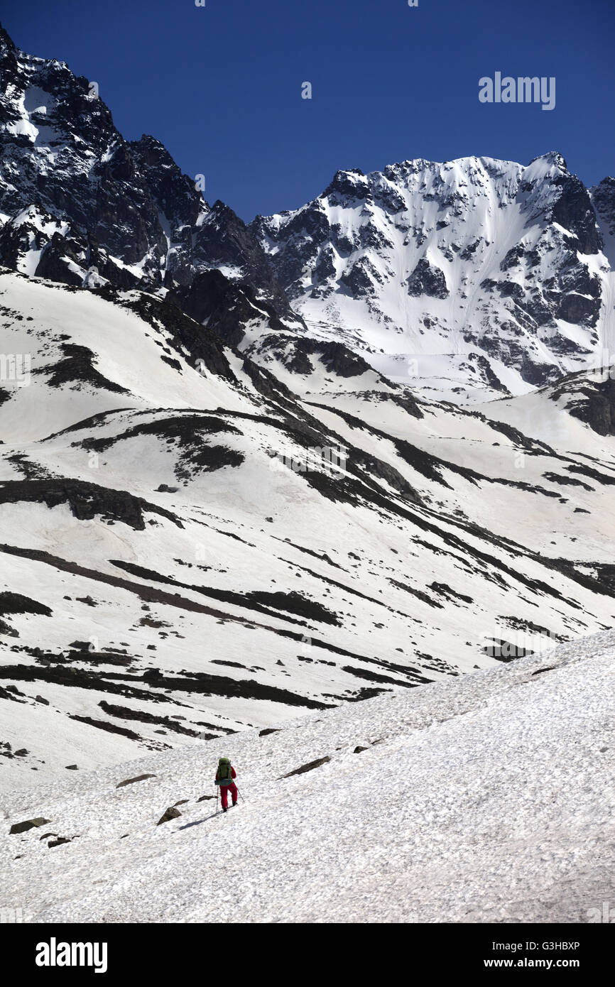 Hiker in snowy mountains. Turkey, Kachkar Mountains, highest part of ...