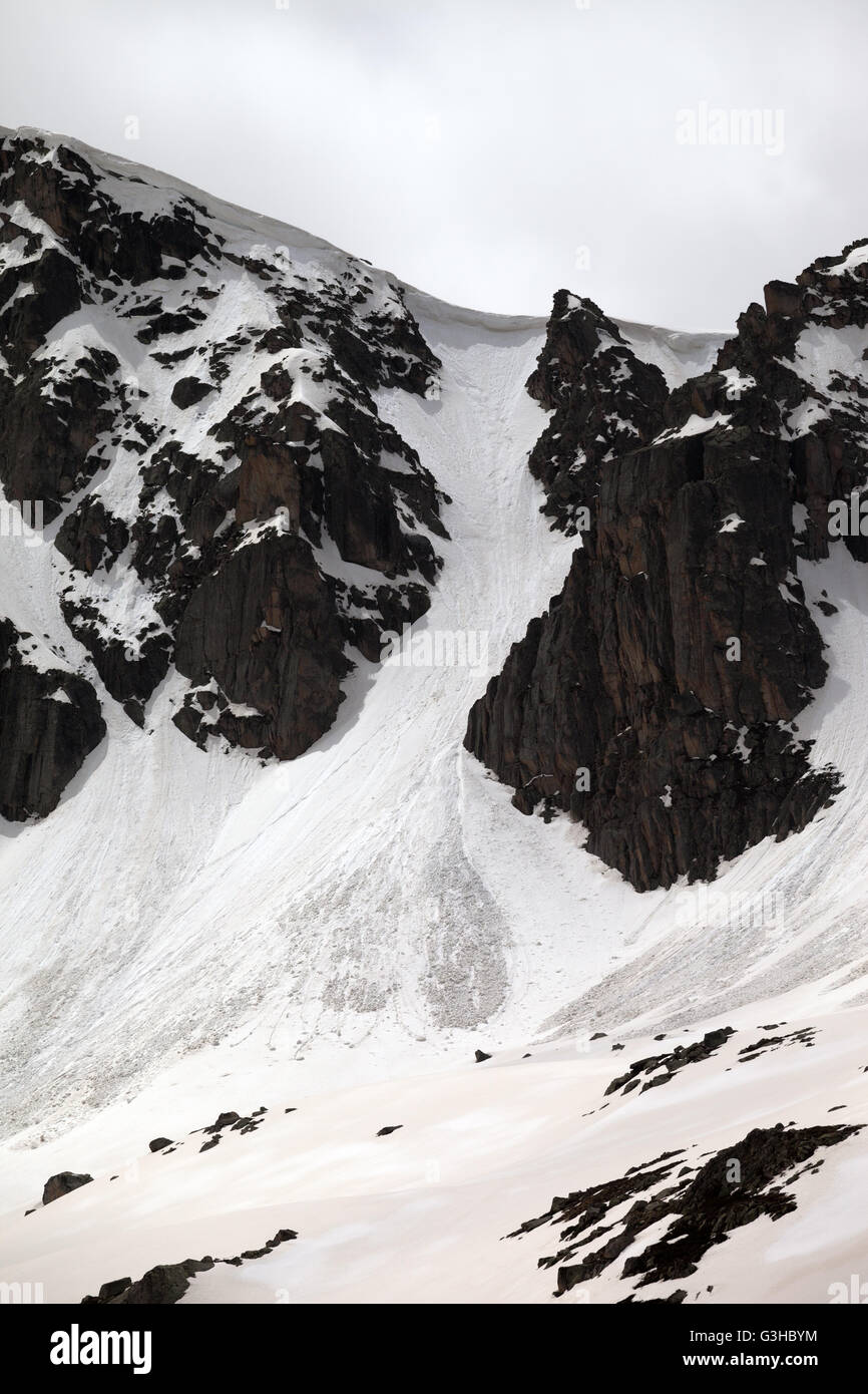 Rocks with snow cornices and traces from avalanches. Turkey, Kachkar ...