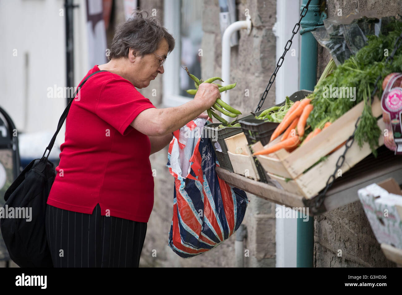 a woman selects vegetables to buy in a traditional green grocers street ...
