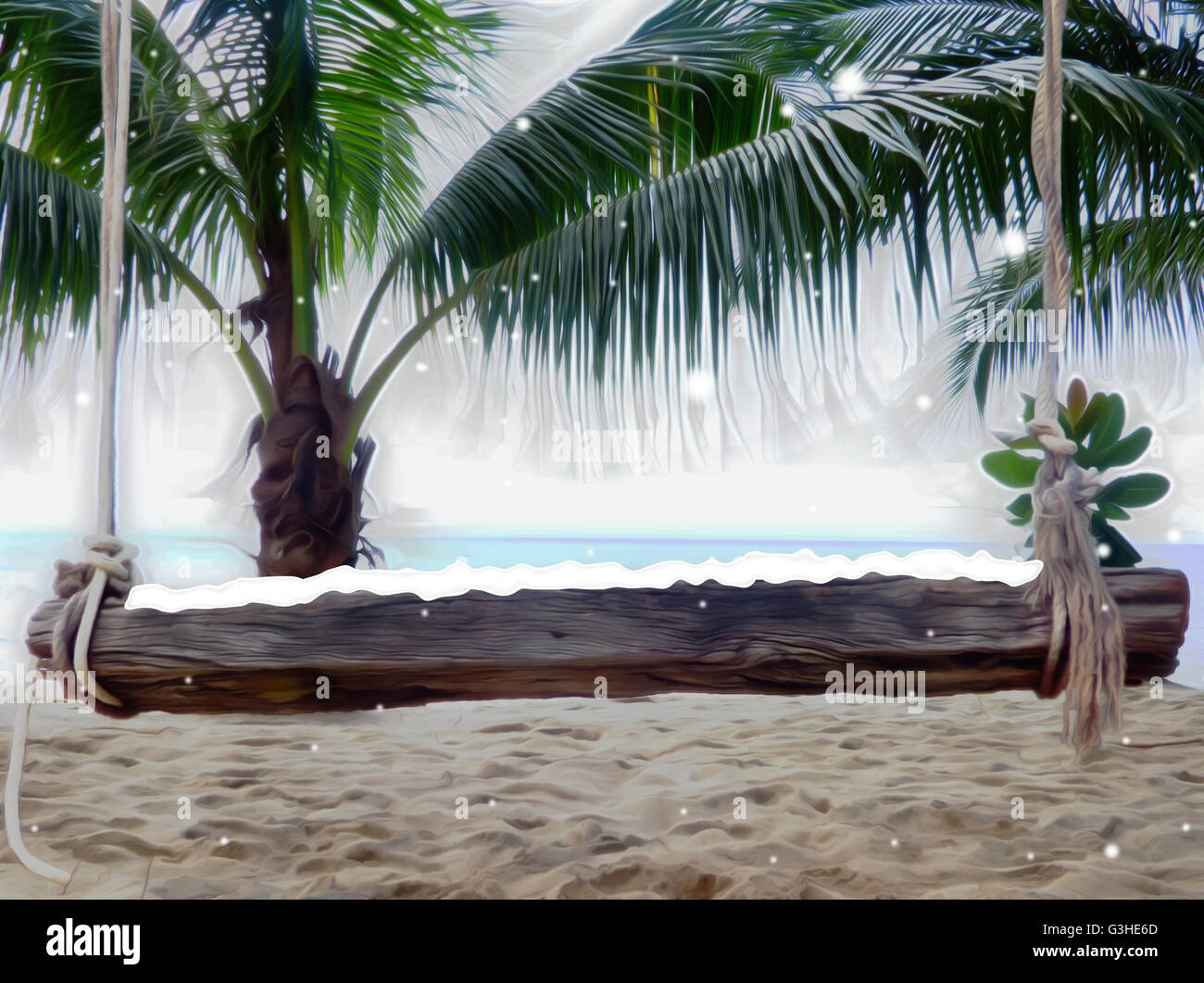 cartoon winter snowflakes at beach with palms wooden bench 3d ...