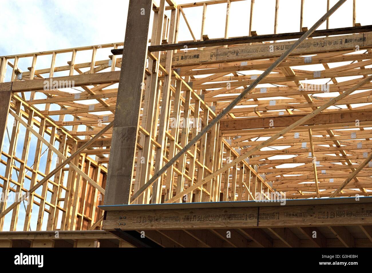 A partially constructed upper level of a house, with sky in the ...