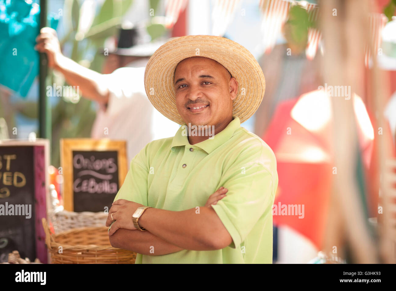 Happy market trader Stock Photo - Alamy