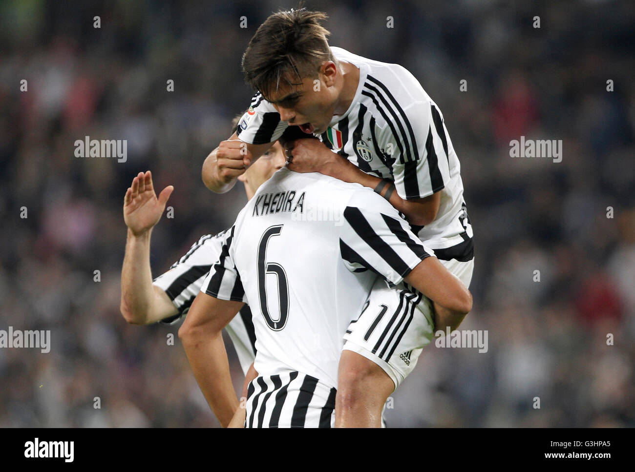 Turin, Italy. 20th Apr, 2016. Juventus' Paulo Dybala, right, celebrates ...