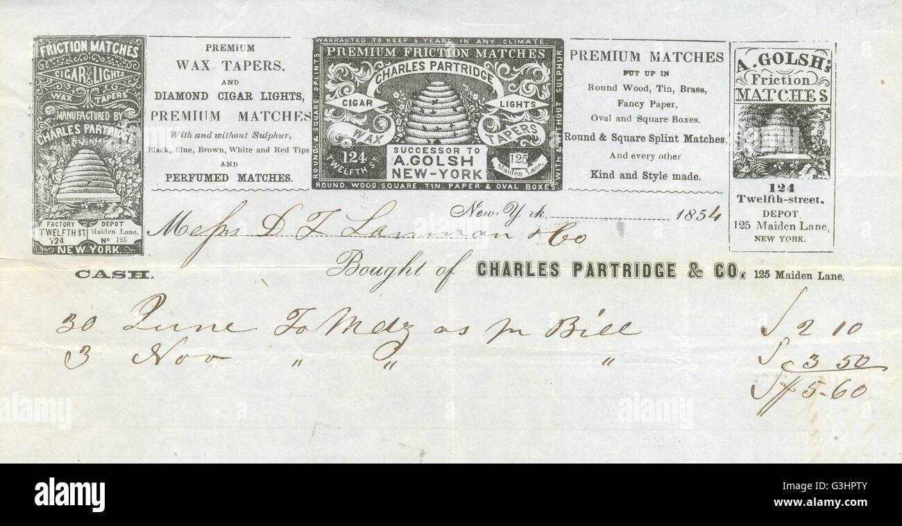 Pictorial billhead for Charles Partridge's Premium Friction Matches ...