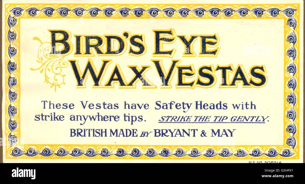 Carton label for Bird's Eye Wax Vestas Stock Photo - Alamy