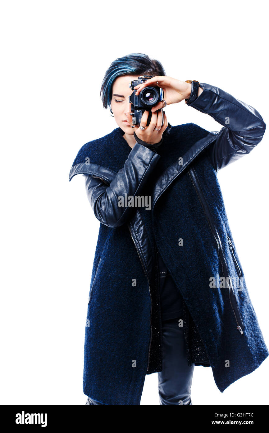 Young girl taking shot with film camera Stock Photo - Alamy