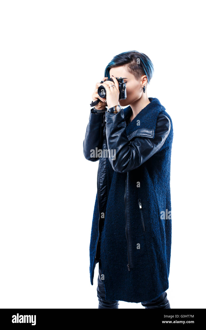 Young girl taking shot with film camera Stock Photo - Alamy