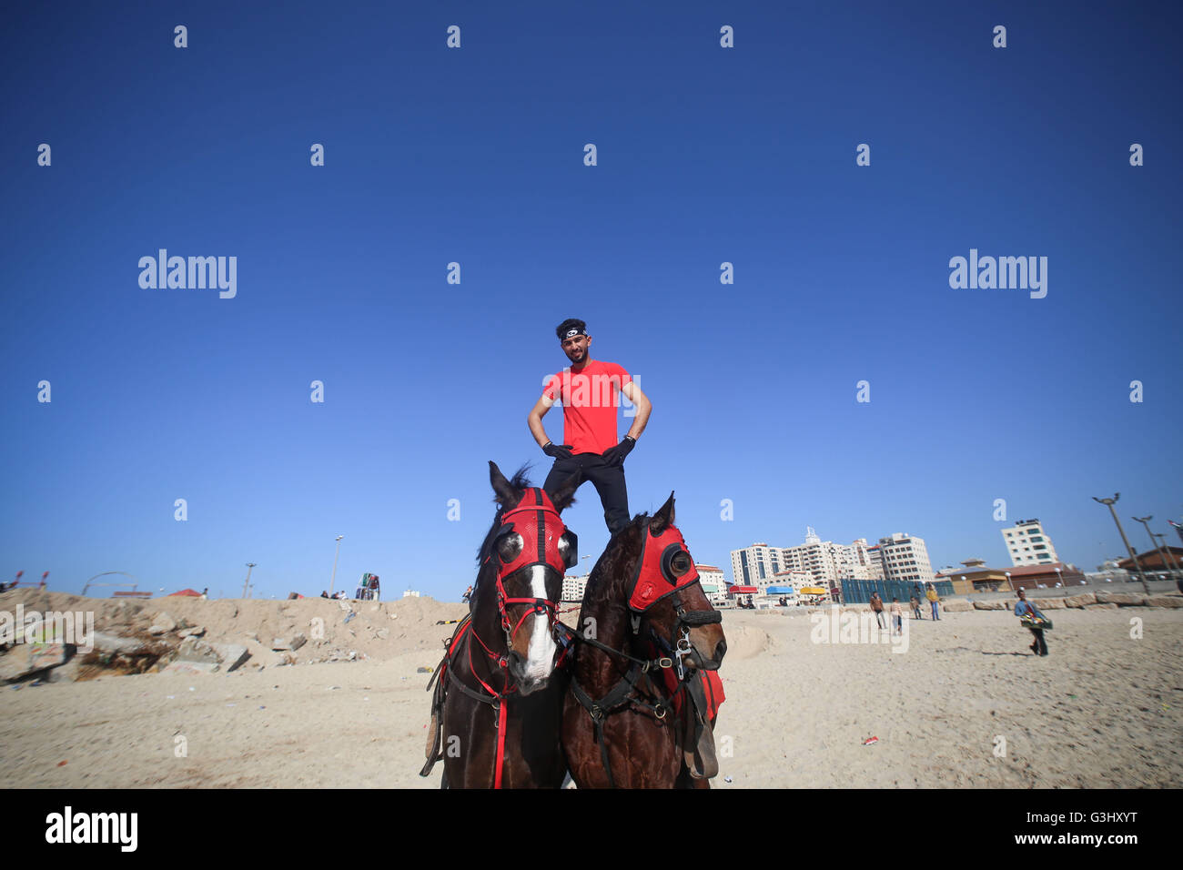 A Palestinian youth rides two horses to shows his skills near Gaza ...