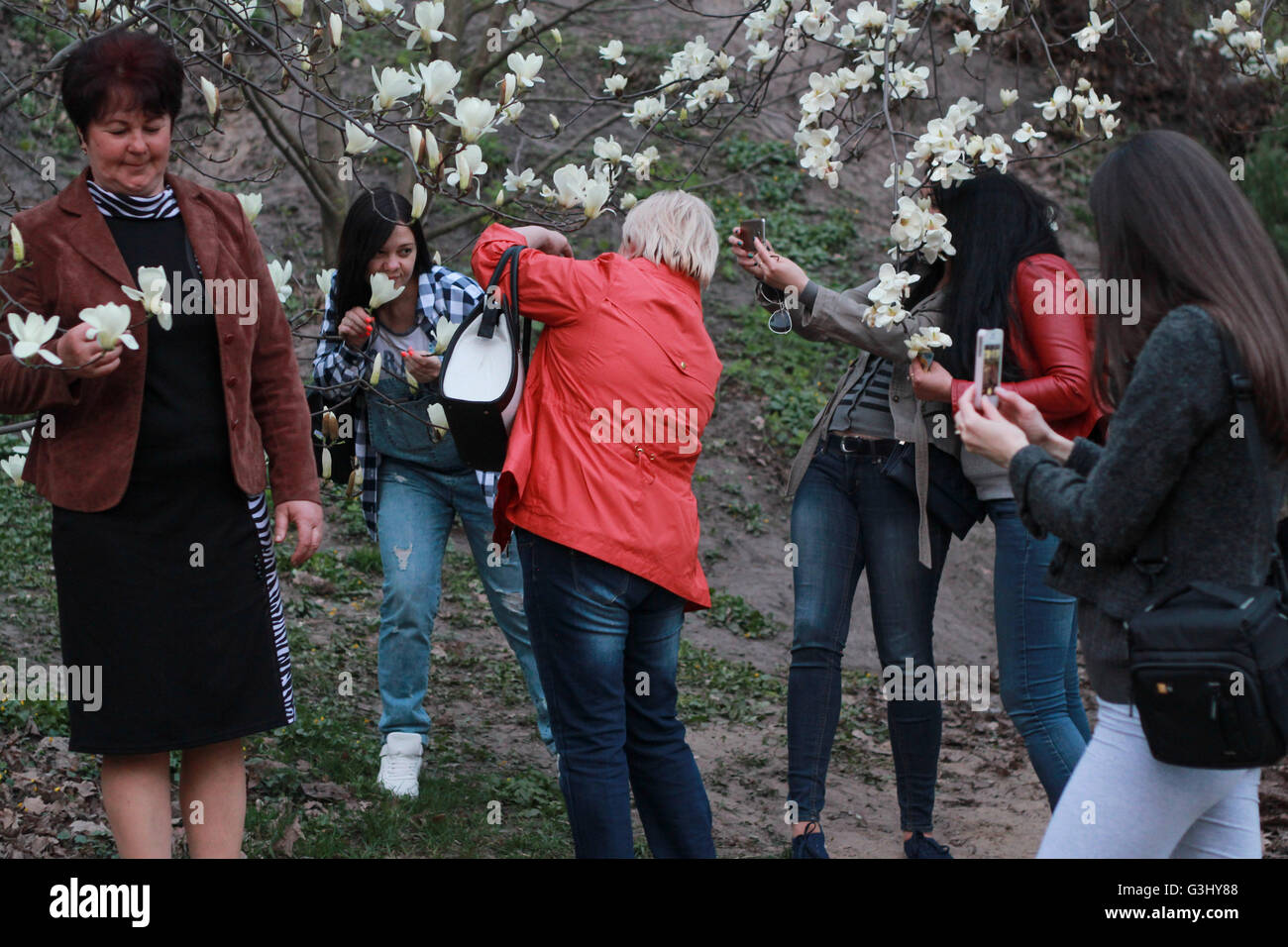 People photographed with magnolia flower in a botanical garden named ...