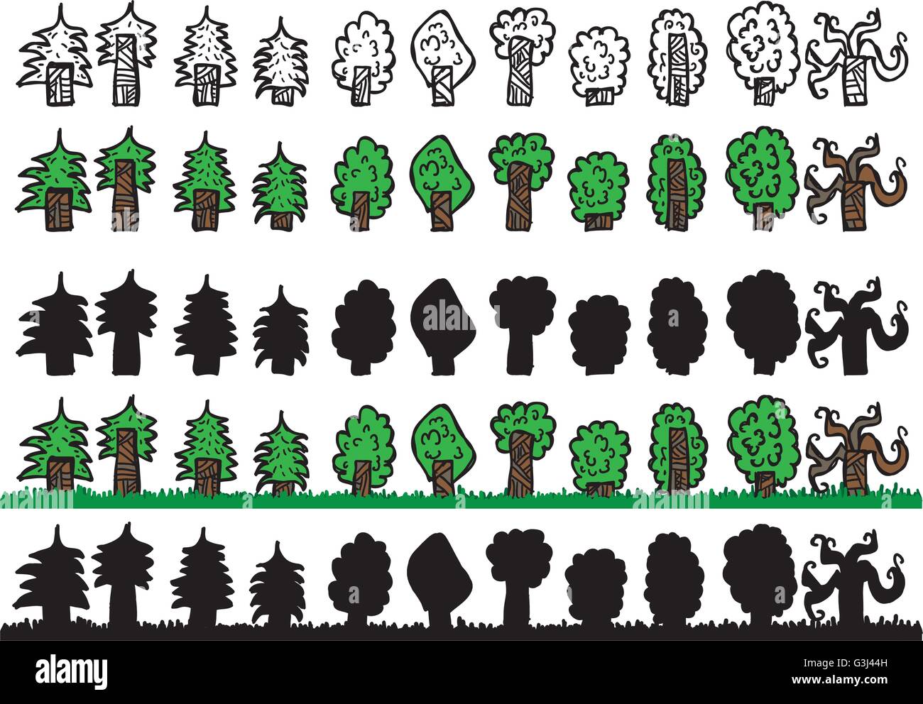 Trees doodle sheet with outline, colored, silhouette and two seamless ...