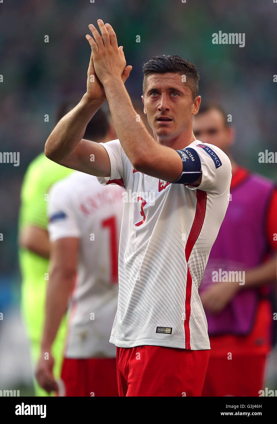 Poland's Robert Lewandowski applauds the fans after the UEFA Euro 2016 ...