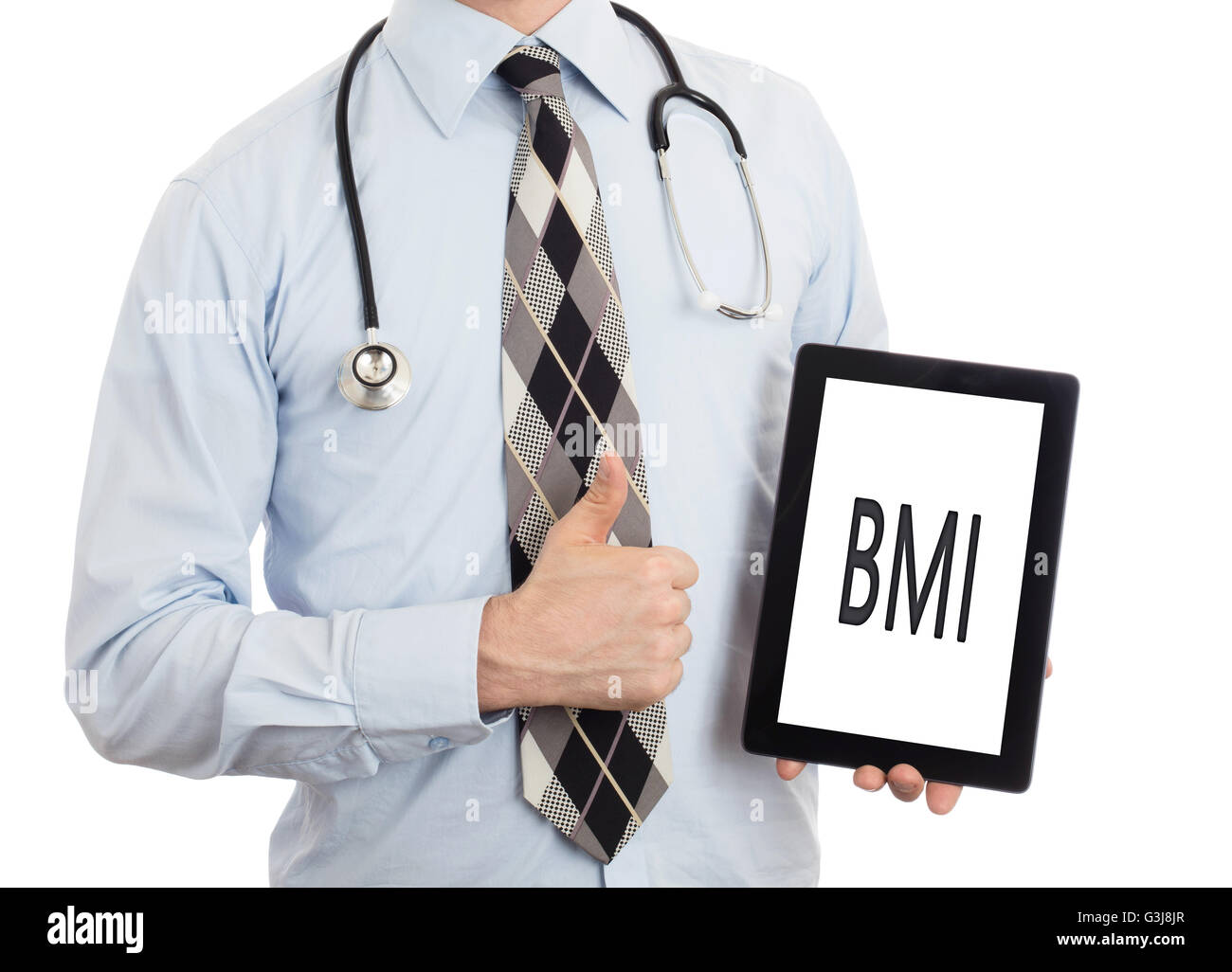 Doctor, isolated on white backgroun, holding digital tablet - BMI Stock ...