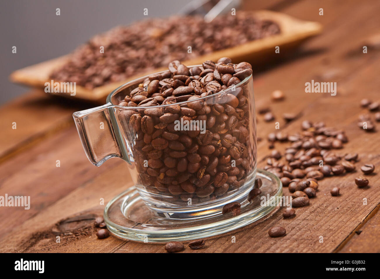 coffee beans in cup in the tray Stock Photo - Alamy