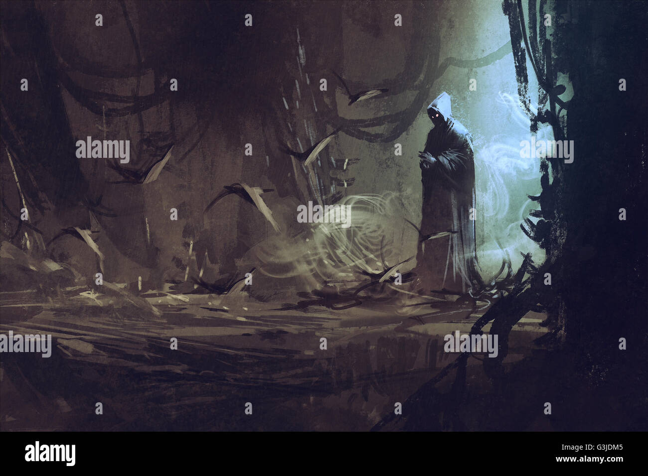 dark cloak in mysterious forest,wizard,sorcerer,illustration Stock ...