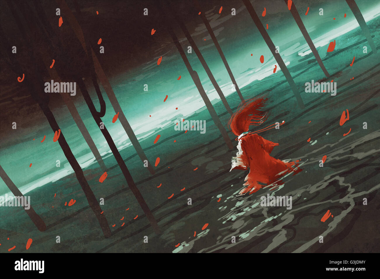 woman in red walking on swamp lake,river,trees,scenery,illustration ...