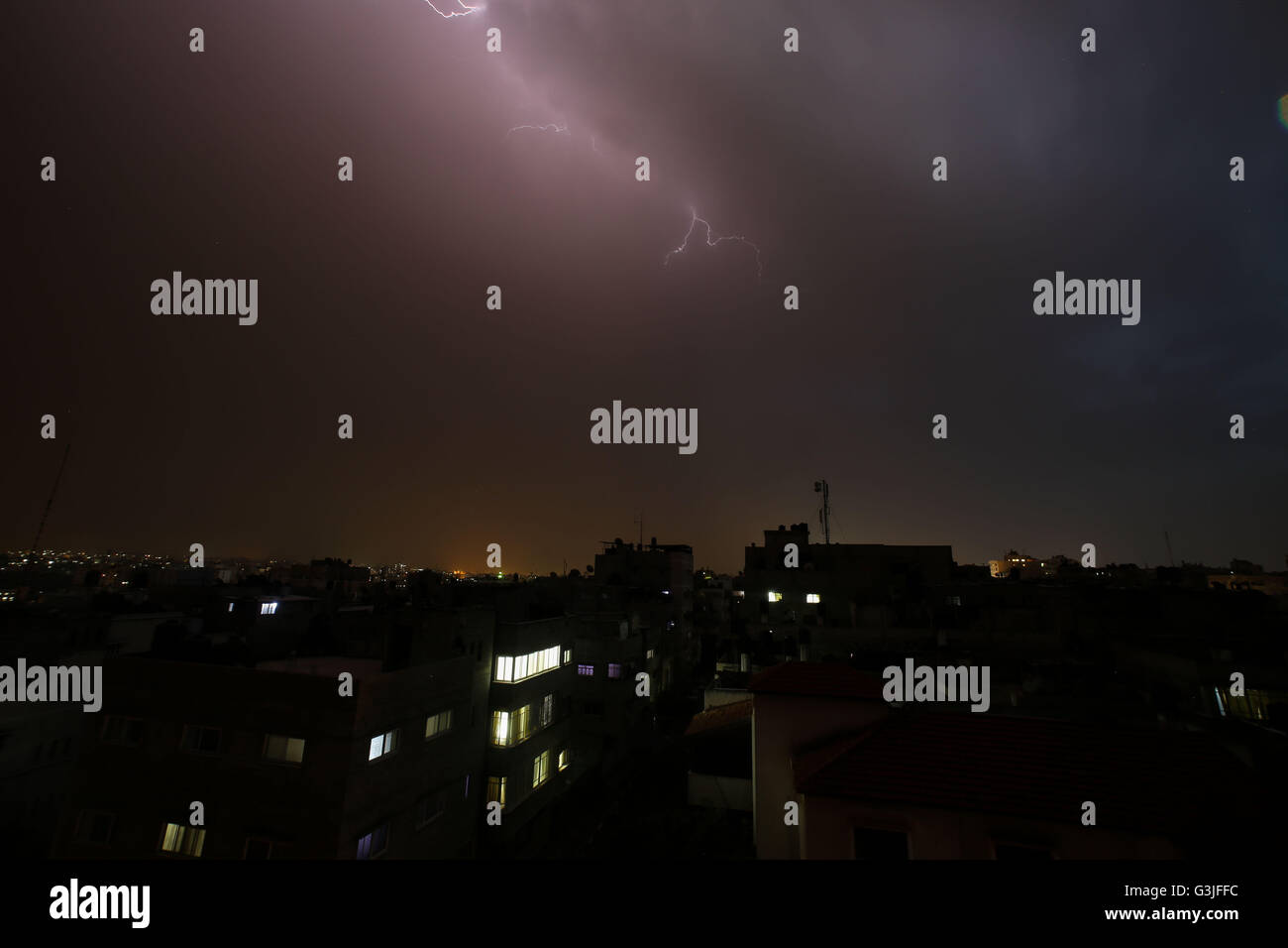Gaza, Palestine. 10th Apr, 2016. Lightning is seen over Gaza City ...