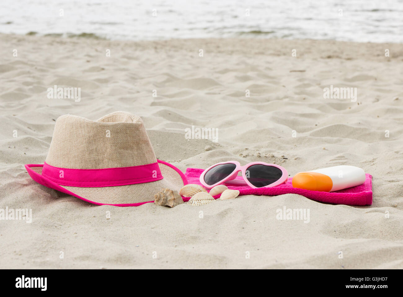 Accessories for vacation on sand at beach, sun protection on summer ...