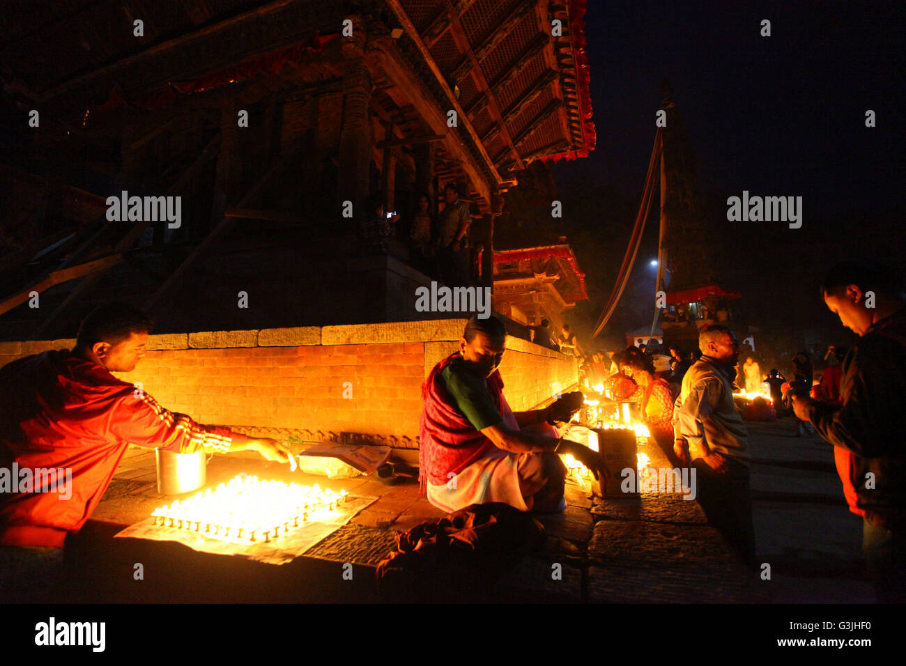 Kathmandu, Nepal. 15th Apr, 2016. Hindu devotees offer prayers during ...
