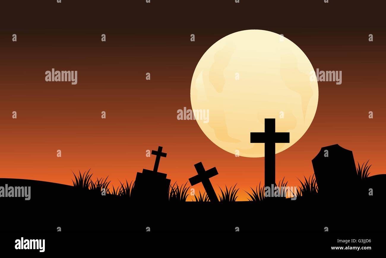 Silhouette of graveyard and full moon halloween Stock Vector Image ...