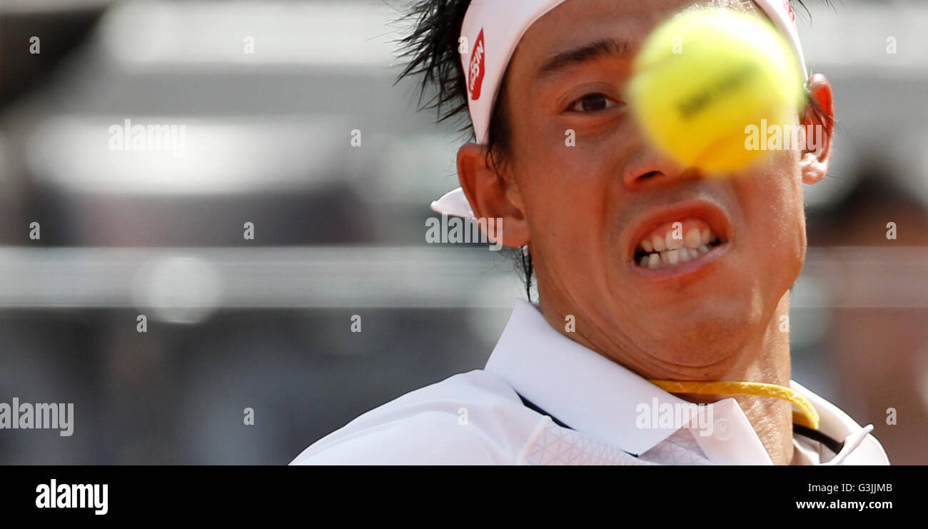 Rome, Italy. 10th May, 2016. Japan's Kei Nishikori eyes the ball during ...