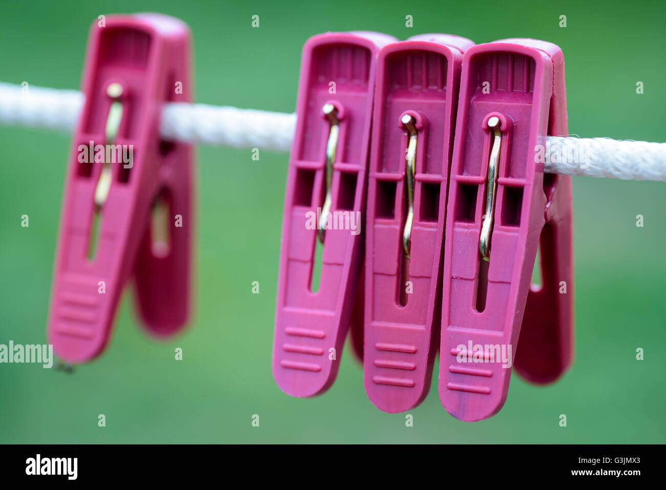 Red plastic domestic washing pegs on a white rope washing line outdoors ...