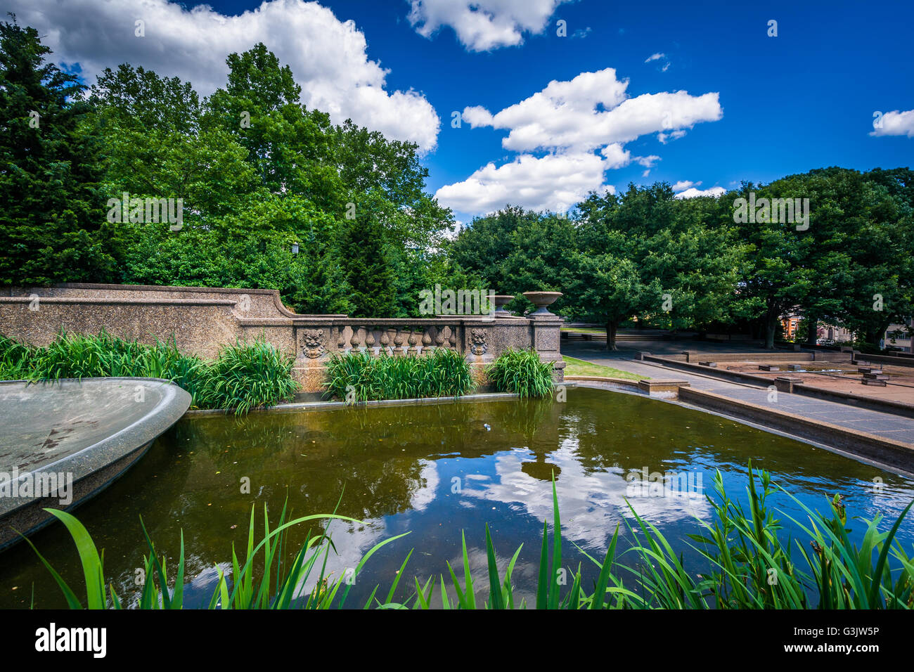 Clouds reflecting in the cascading fountain at Meridian Hill Park, in ...