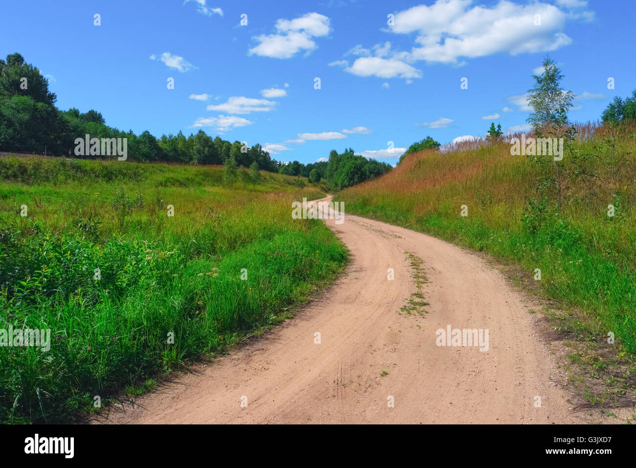 Beautiful summer landscape with road, sky, clouds, grass and trees ...