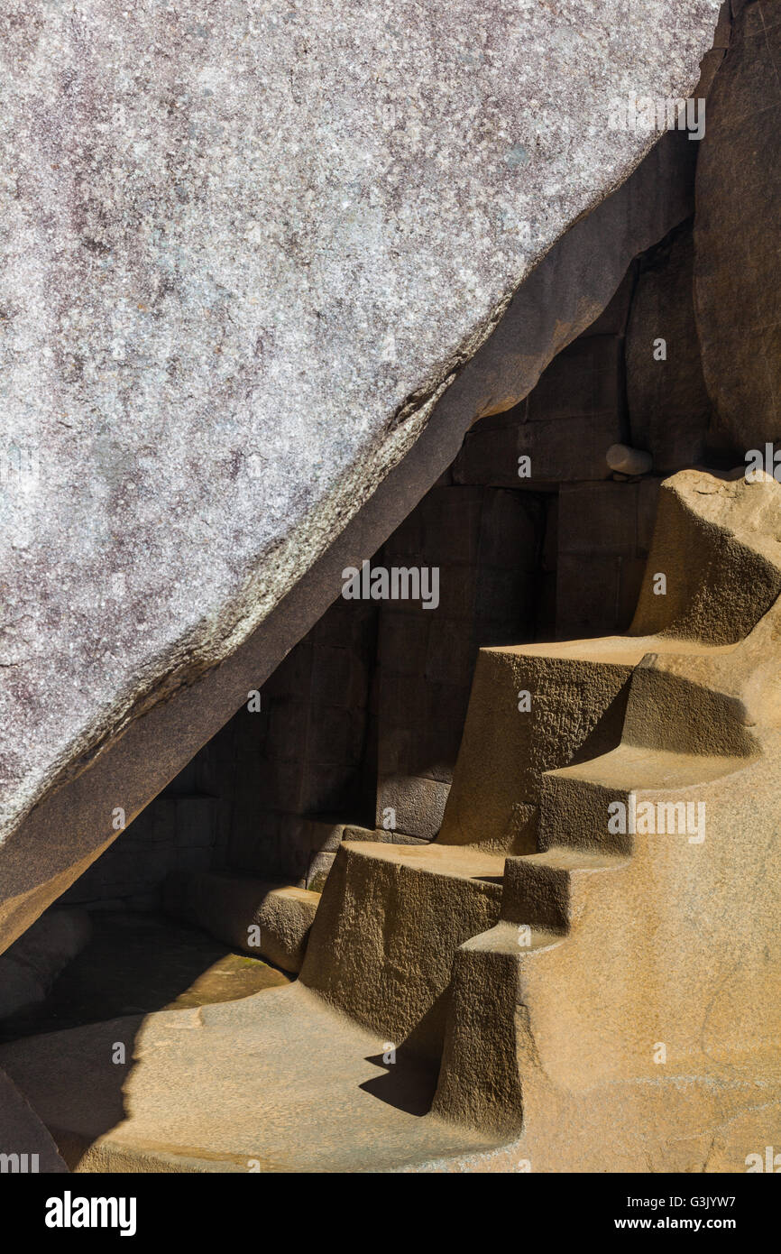 Detail of carved steps at the base of the Temple of the Sun at Machu ...