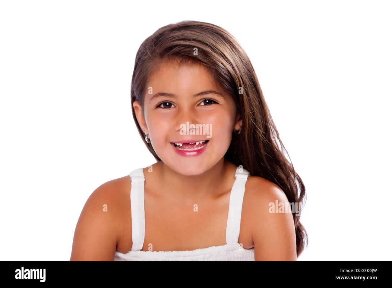 Beautiful cute girl happy smiling missing exchanging teeth, on white ...