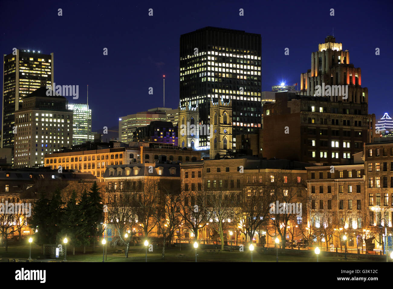 The night view of Old Port of Montreal with downtown skyline of ...