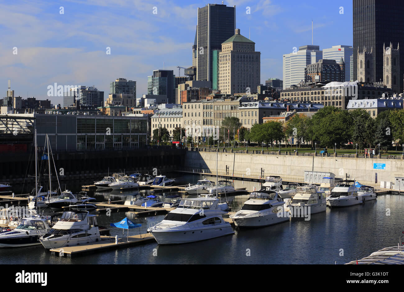 Old Port of Montreal with downtown skyline of Montreal in the ...